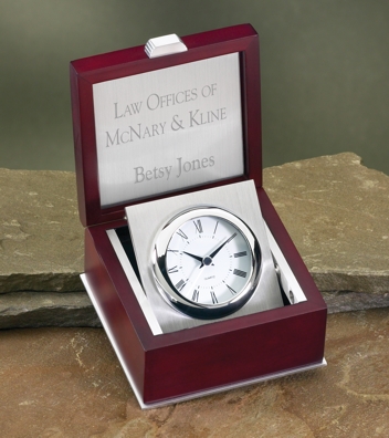 Engraved Silver Clock In Classic Rosewood Box by Black Ace Design
